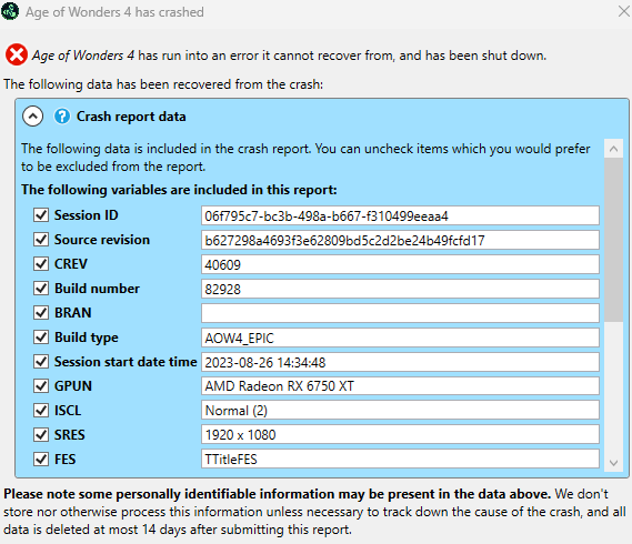 Confirmed - Age of Wonders 4 Crashe report when games quits. | Paradox ...