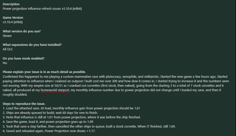 Stellaris - Power projection influence refresh issues v3.10.4 [e9b6] | Paradox Interactive Forums