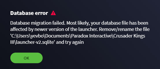 Database error SQLite | Paradox Interactive Forums