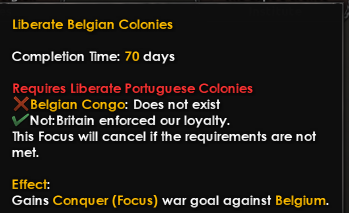 South African Focus "Liberate Belgian Colonies" requires the congo to not exist, and same for ...