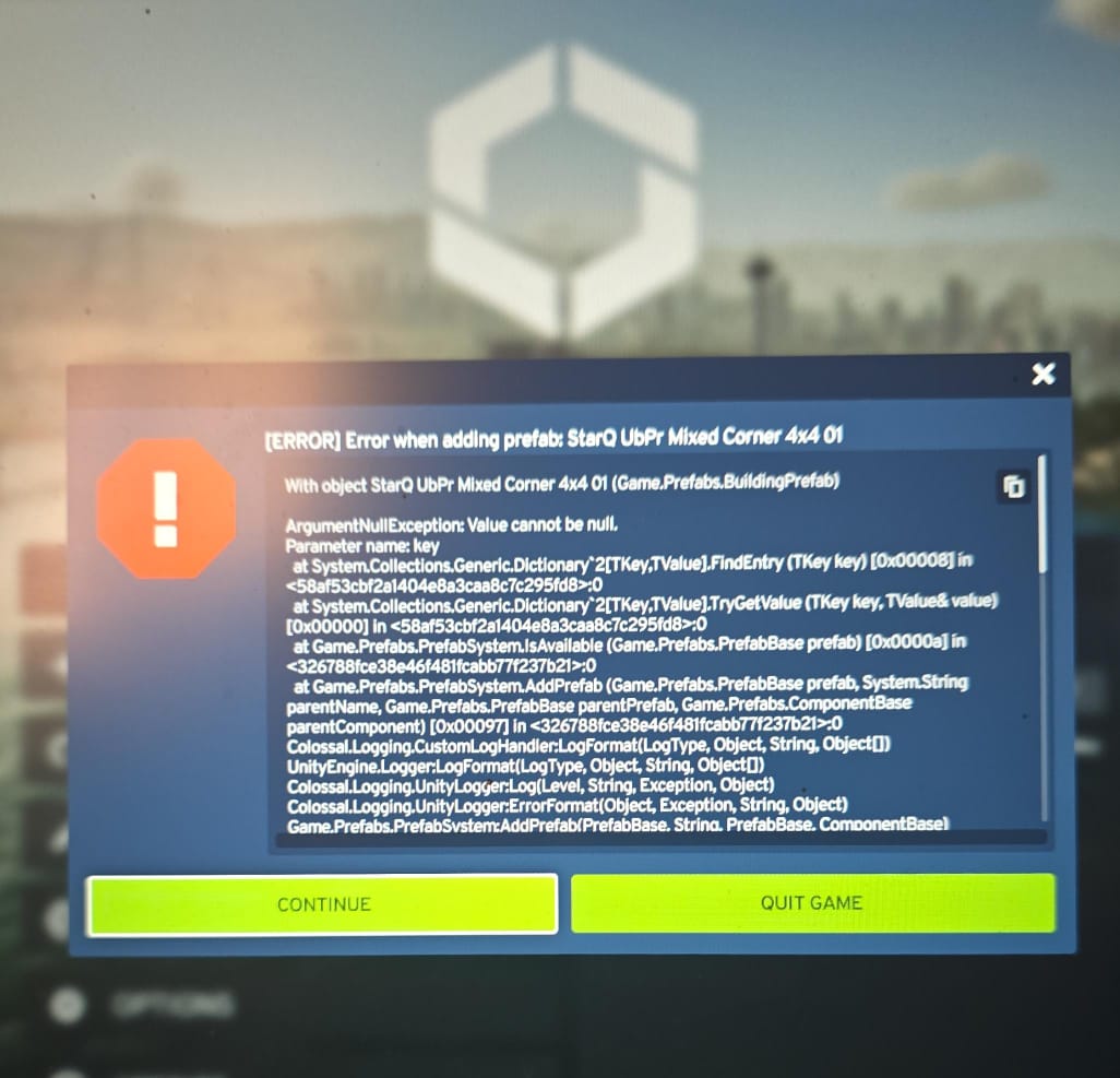 [ERROR] Error when adding prefab: StarQ UbPr Mixed Corner 4x4 01 With object StarQ UbPr Mixed ...