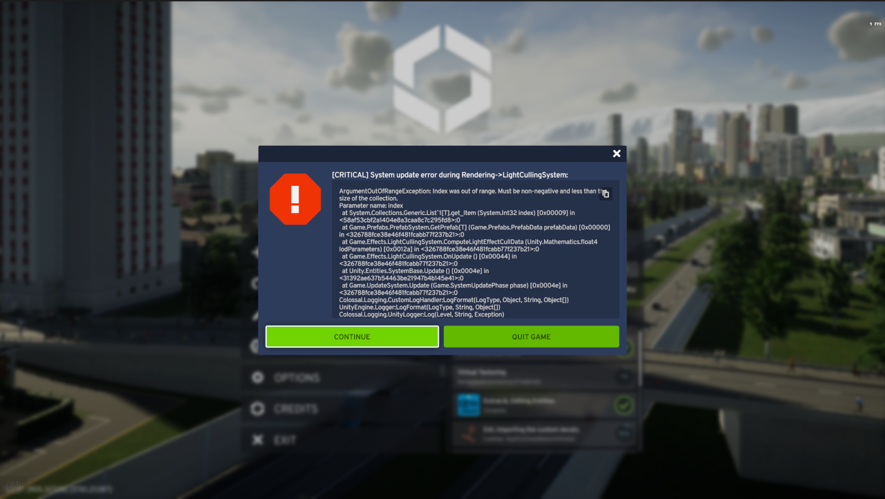 About mid-loading, get "Critical Error" System update error during Rendering->LightCullingSystem ...
