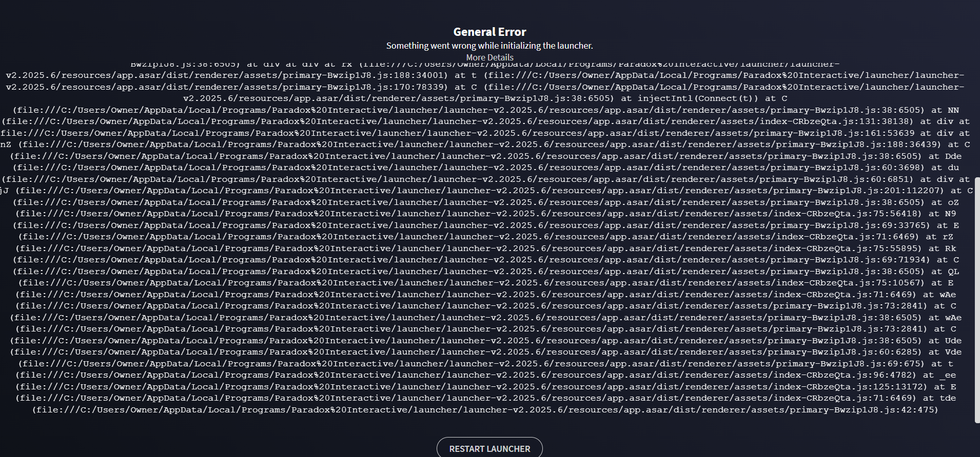 Launcher keep giving error message | Paradox Interactive Forums