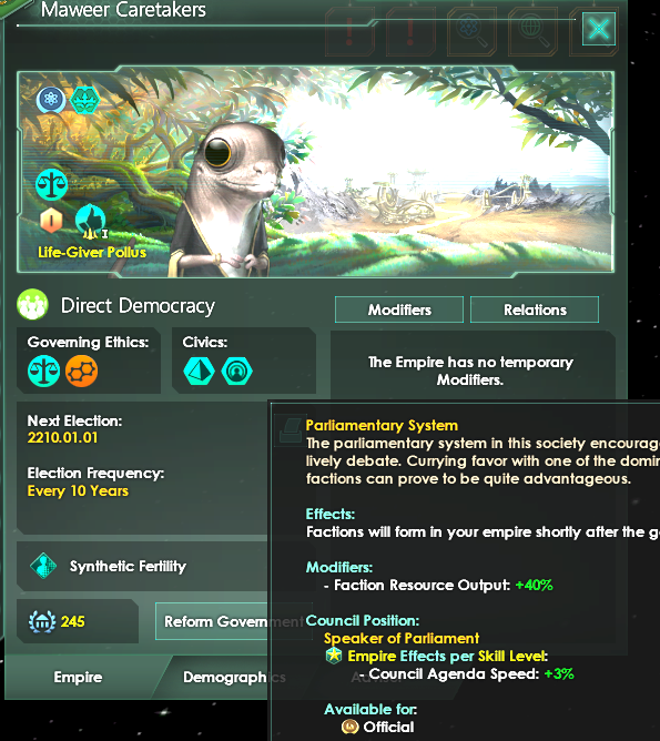 no factions when using parliamentary system and synthetic fertility? and no recruitable leaders ...