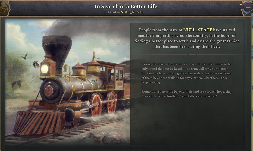 Confirmed - "In Search For A Better Life" event in 'NULL_STATE' & no options to pick from ...