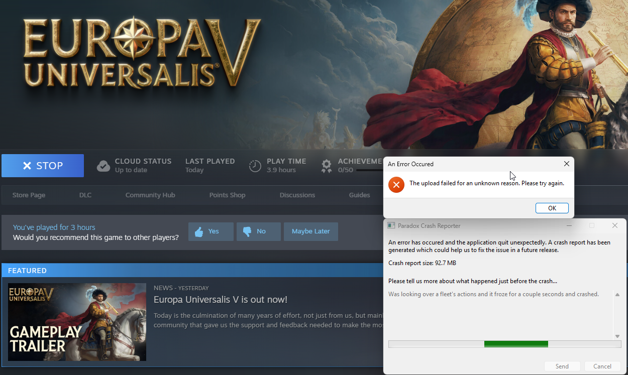 EU5 Crash Reporter can't submit crash | Paradox Interactive Forums