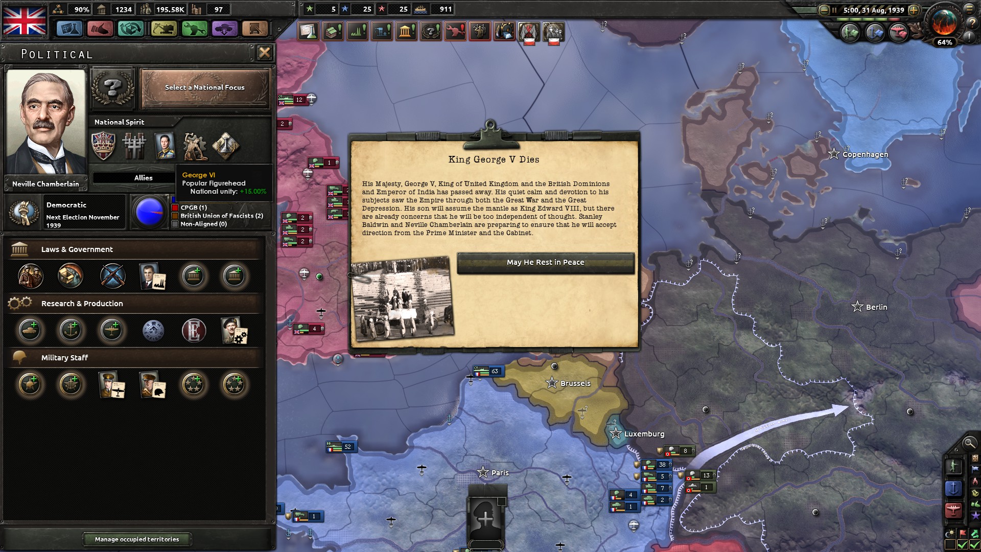 v1.0.1 [f680] 'King George V Dies' event in 1939 start. | Paradox ...