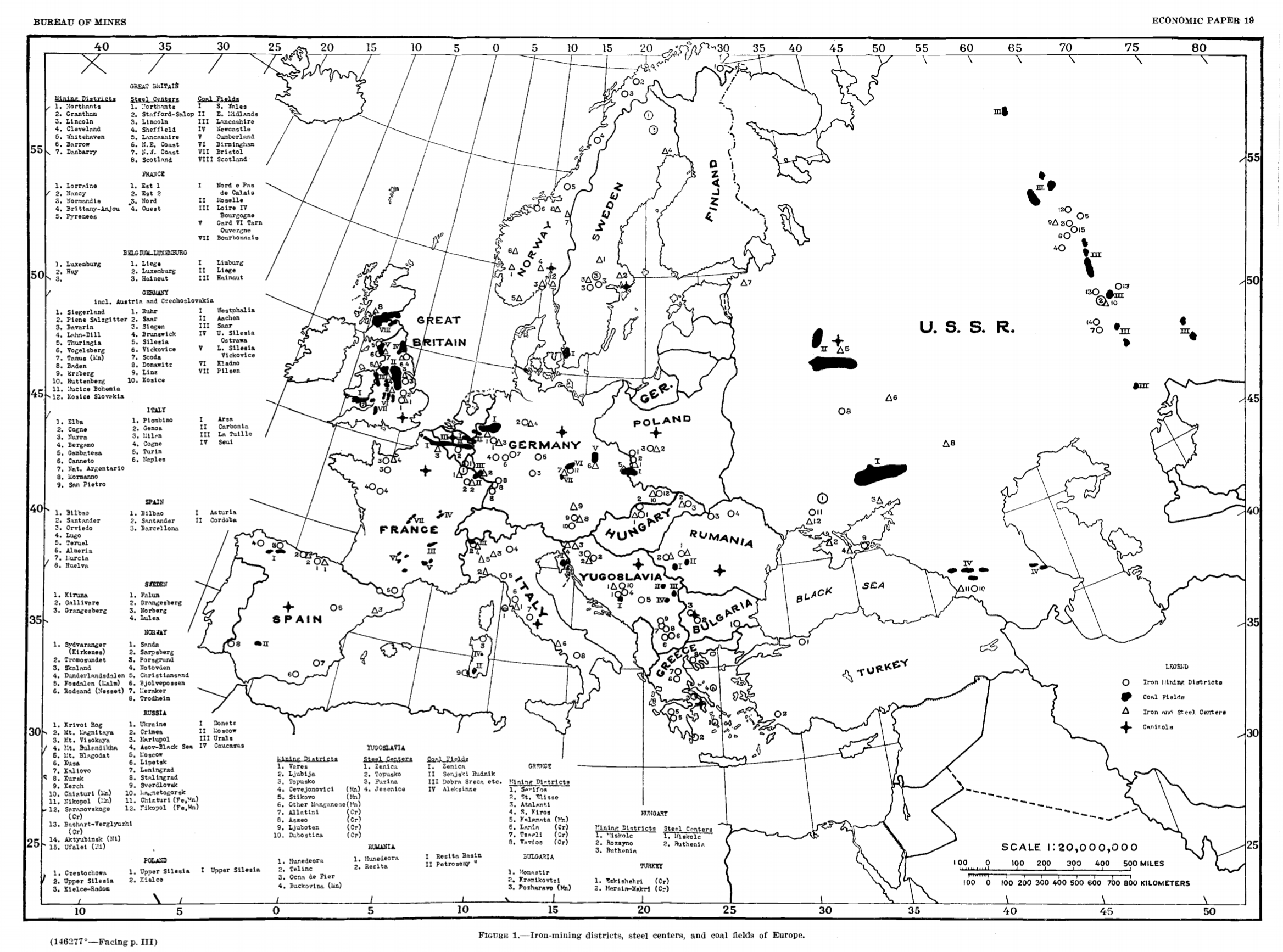 1939 map of iron mining districts, steel centers, and coal fields in ...