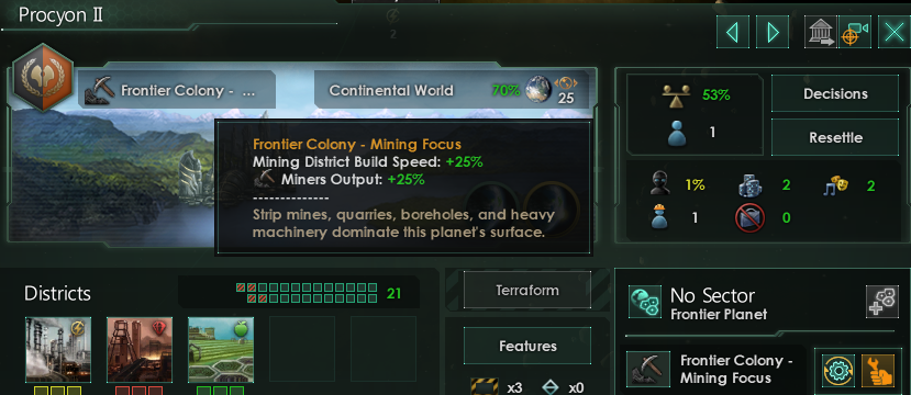 Feeder colonies (limited to mine/farm/generator districts) vs developed colonies (which consume ...